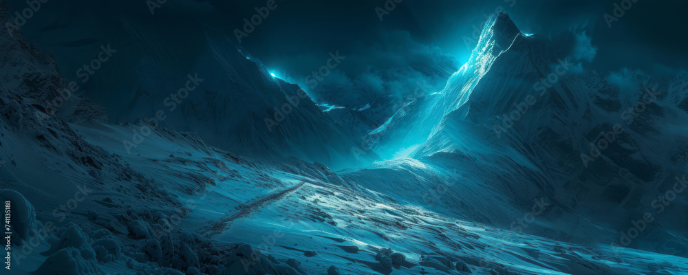 A bright light illuminates the pathway across a snowy mountain ...