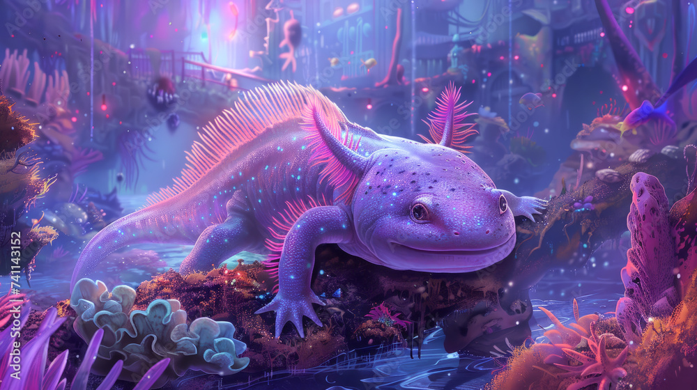 Neon Atlantis cradles an axolotl where ancient wonders meet neon glows ...