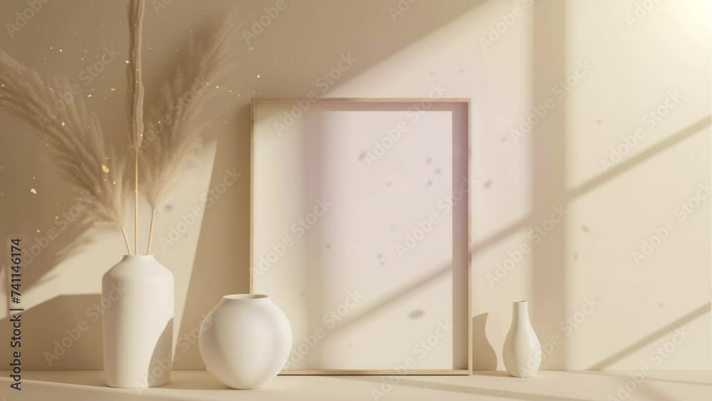 frame mockup interior in beige colors with side view. seamless looping ...