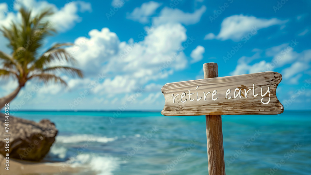 Dreamy coastal landscape with 'Early Retirement' concept, soft sandy ...