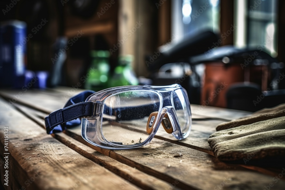 Detailed image of safety goggles amidst an array of hand tools on a ...