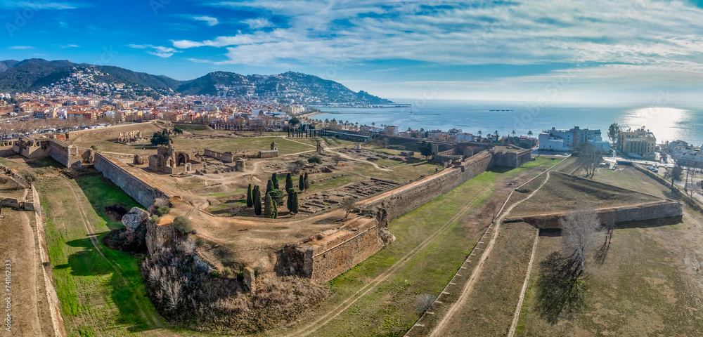Panoramic aerial view of Roses citadel in Spain , giant pentagonal star ...