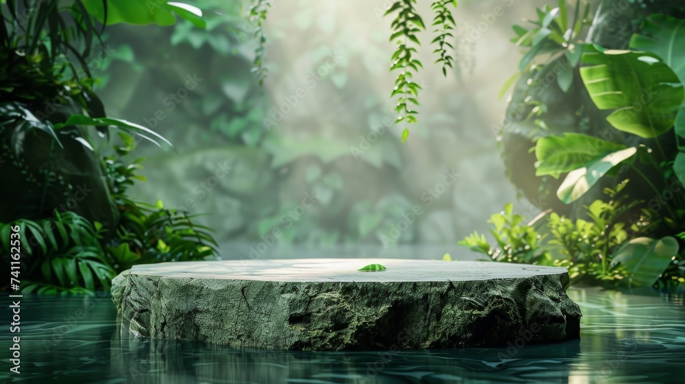 Empty showcase podium, display stone platform, bright sky background ...