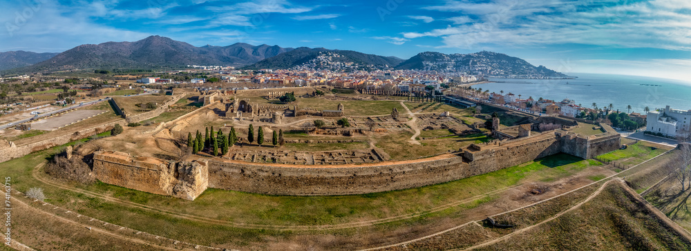 Panoramic aerial view of Roses citadel in Spain , giant pentagonal star ...