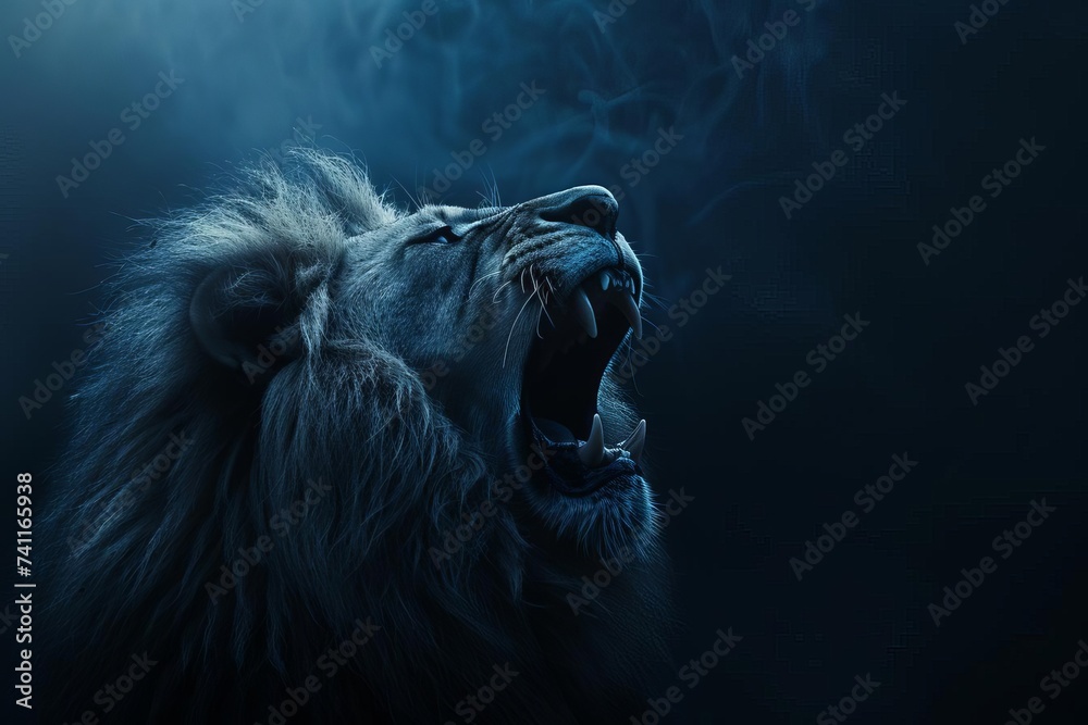 Majestic lion roaring against a dark backdrop Creating a powerful and ...