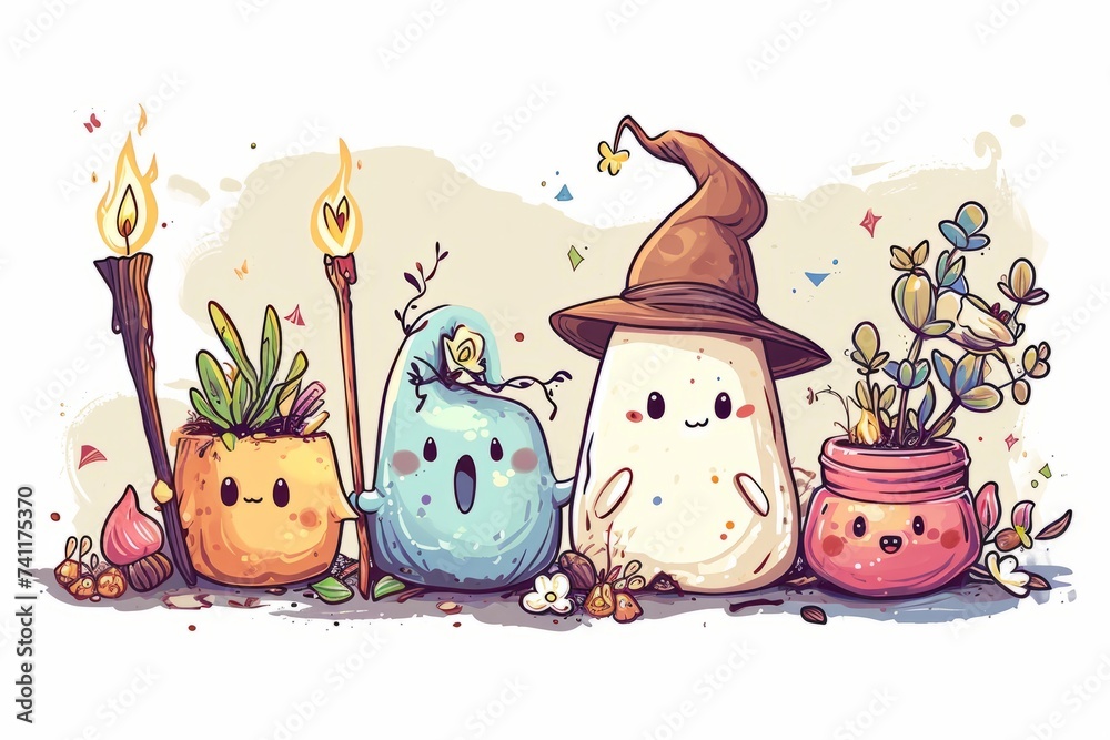 Cartoon cute doodles of magical vanilla beans with wands, casting sweet ...
