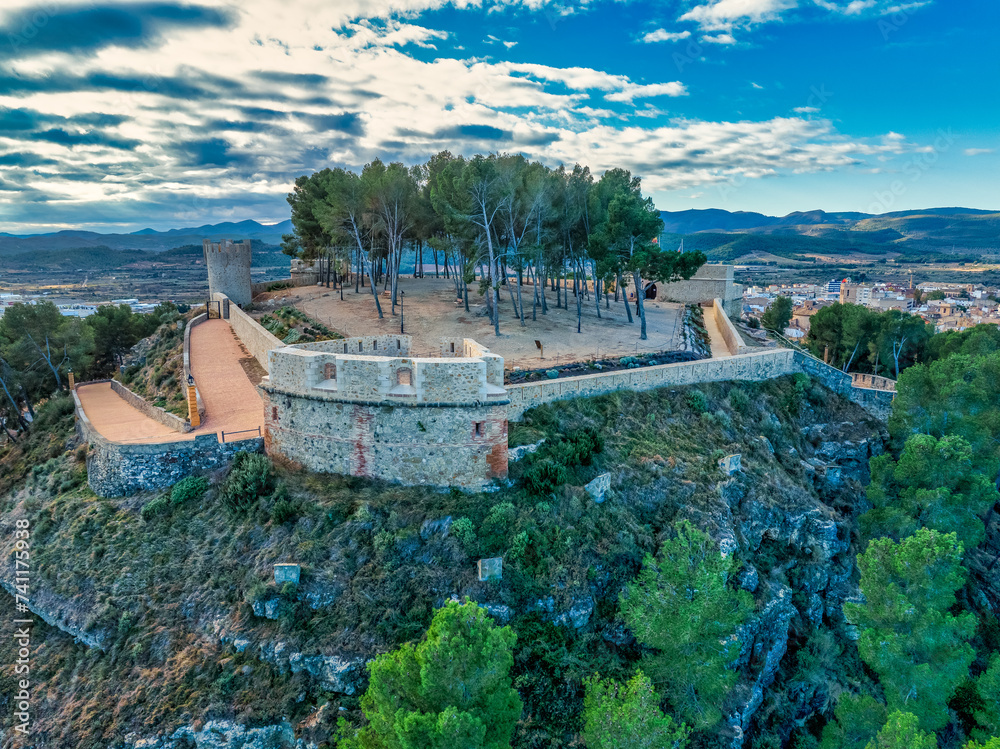 Aerial view of Segorbe castle, restored medieval hilltop stronghold ...