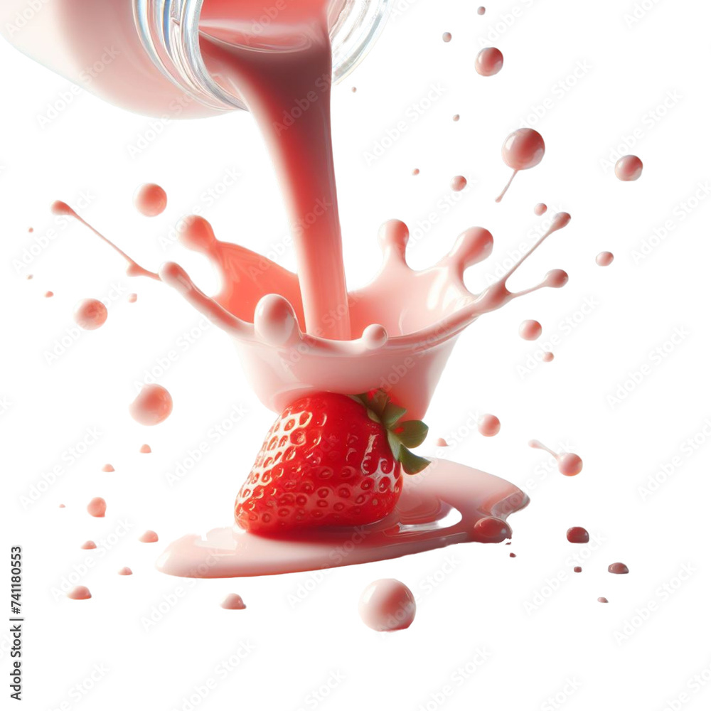 Image of a container pouring yogurt liquid over a strawberry and ...
