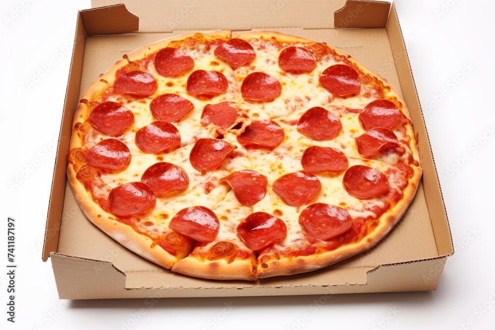 A pepperoni pizza in a takeaway box isolated on white background ...
