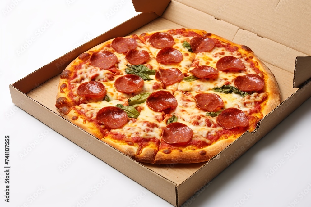 A pepperoni pizza in a takeaway box isolated on white background ...