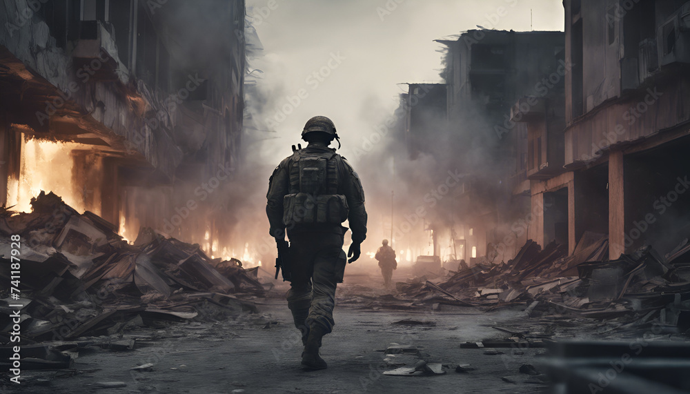 Faceless soldier walking through a destroyed city with rubble Stock ...