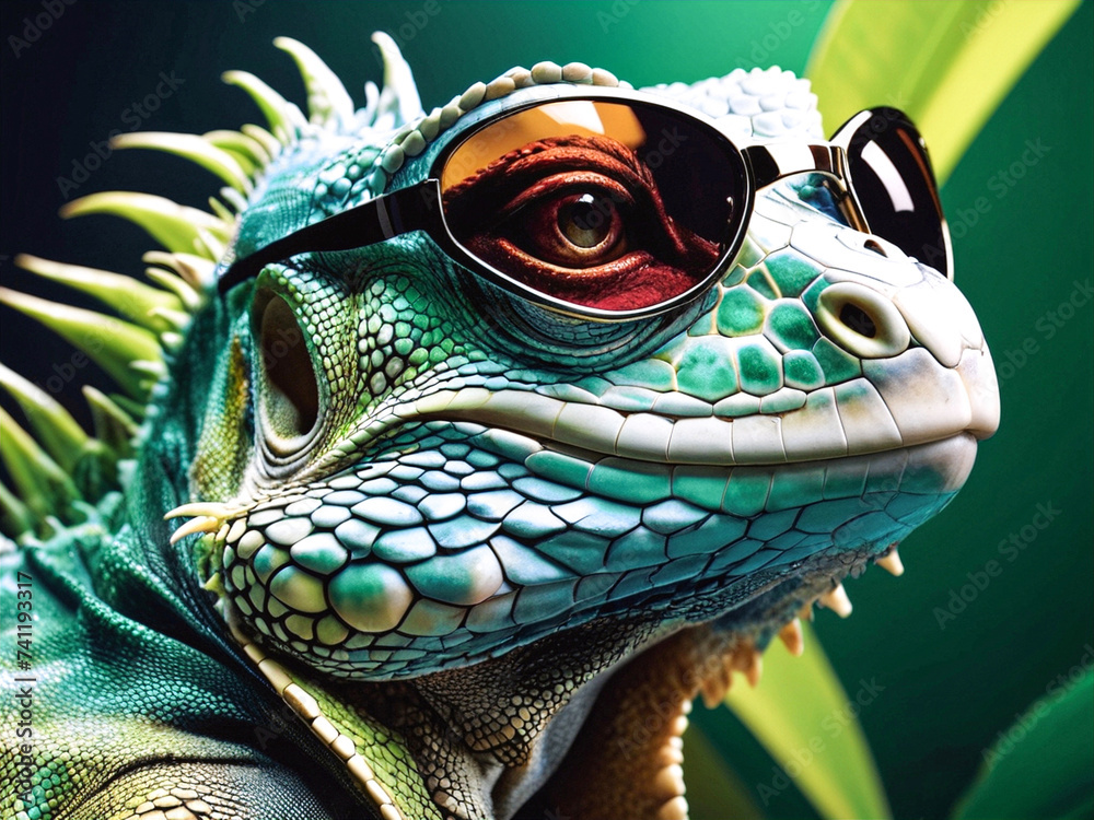 Reptilian Rockstar: Iguana in Shades, Ready to Groove Cool Scales ...