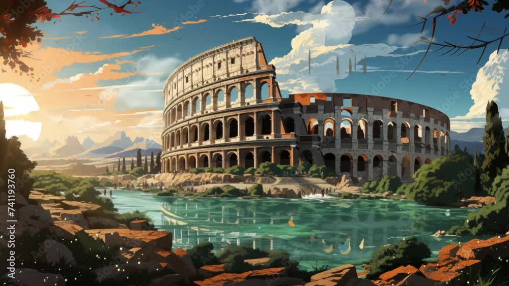 historical landmarks ancient ruins flat illustration. anime cartoon ...