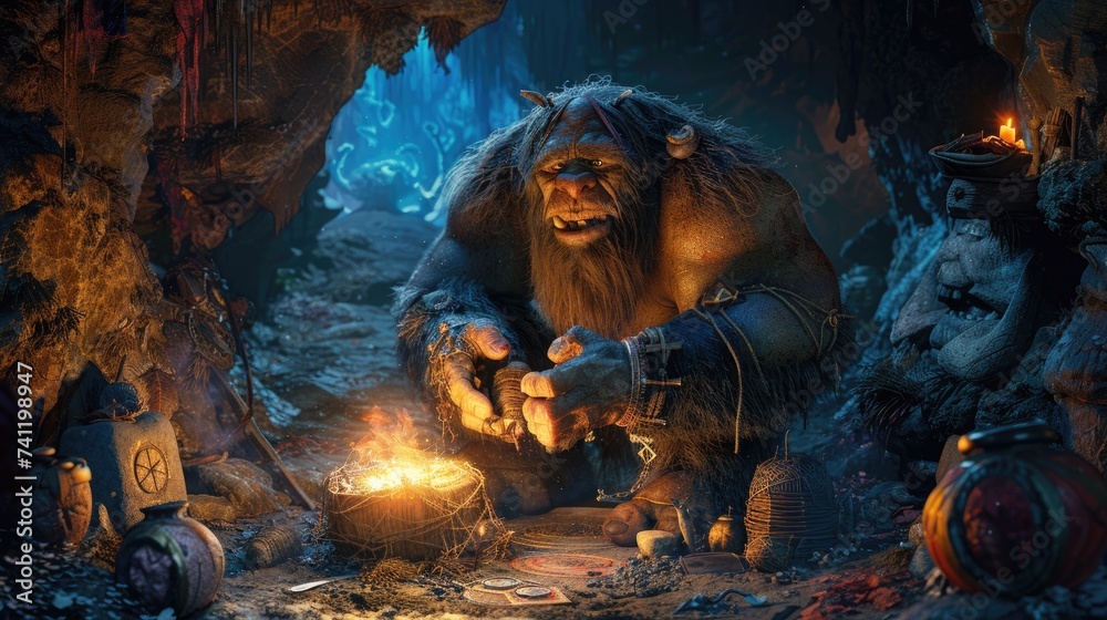 Troll forging magical artifacts in a hidden cave illuminated by ...