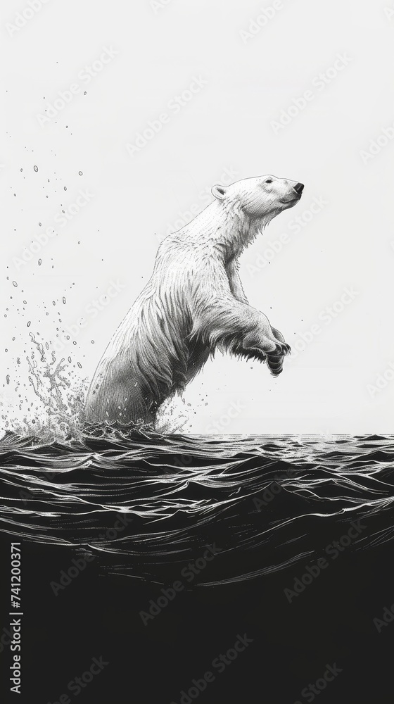 A polar bear jumping out of water. A majestic polar bear emerges from ...