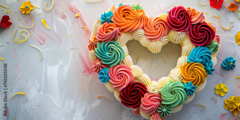 Fun love heart shaped frosting cream party cake with rainbow bold ...