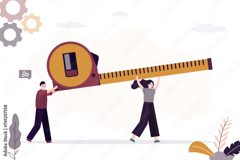 Smart business people carry giant measuring tape to measure and analyze ...