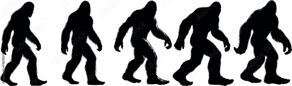 Bigfoot, mythical creature, silhouette sequence. Five black silhouettes ...