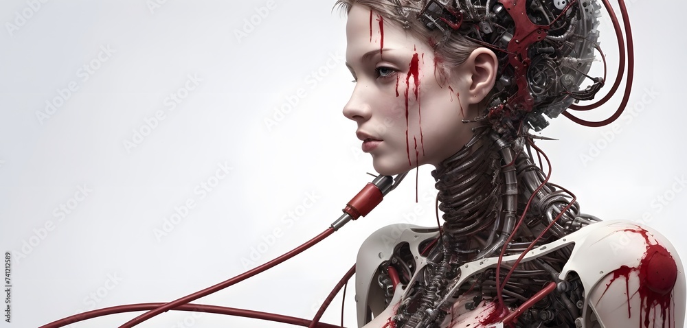 A futuristic art piece depicting a female robot with a skull fashion ...