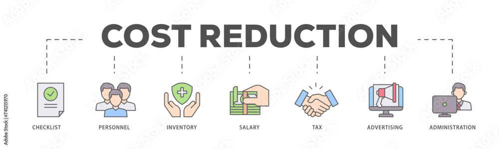 Cost reduction icons process flow web banner illustration of checklist ...