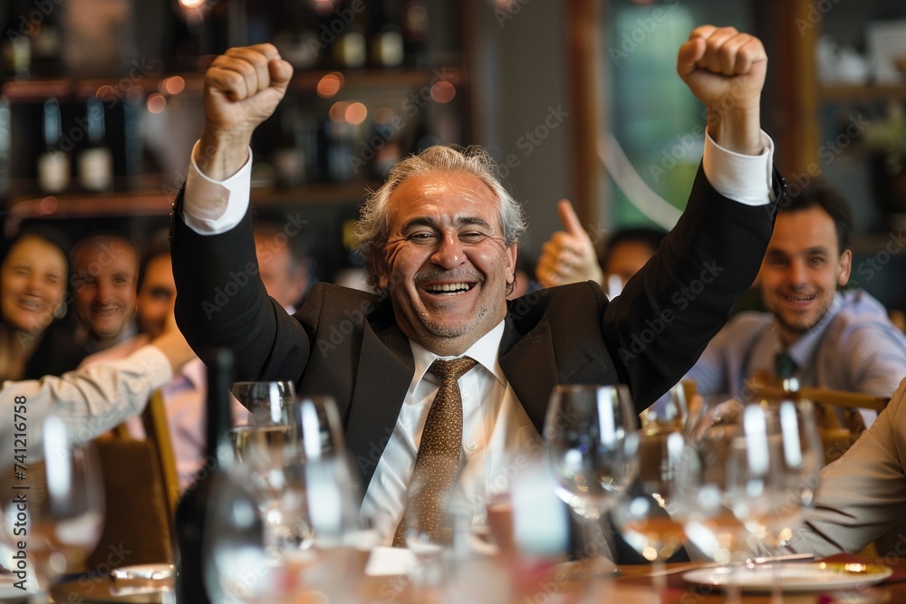 Business executive celebrating a milestone achievement with the team ...