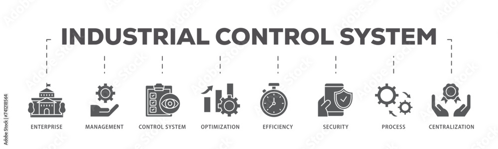 Industrial control system icons process flow web banner illustration of ...