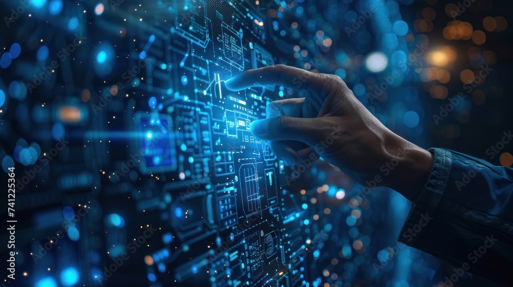 Intelligence and Automated machine learning language blue digital user interface with ...