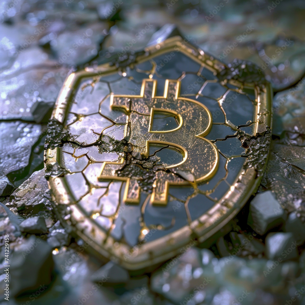 Cybersecurity Breach A broken shield with Bitcoin logos representing ...