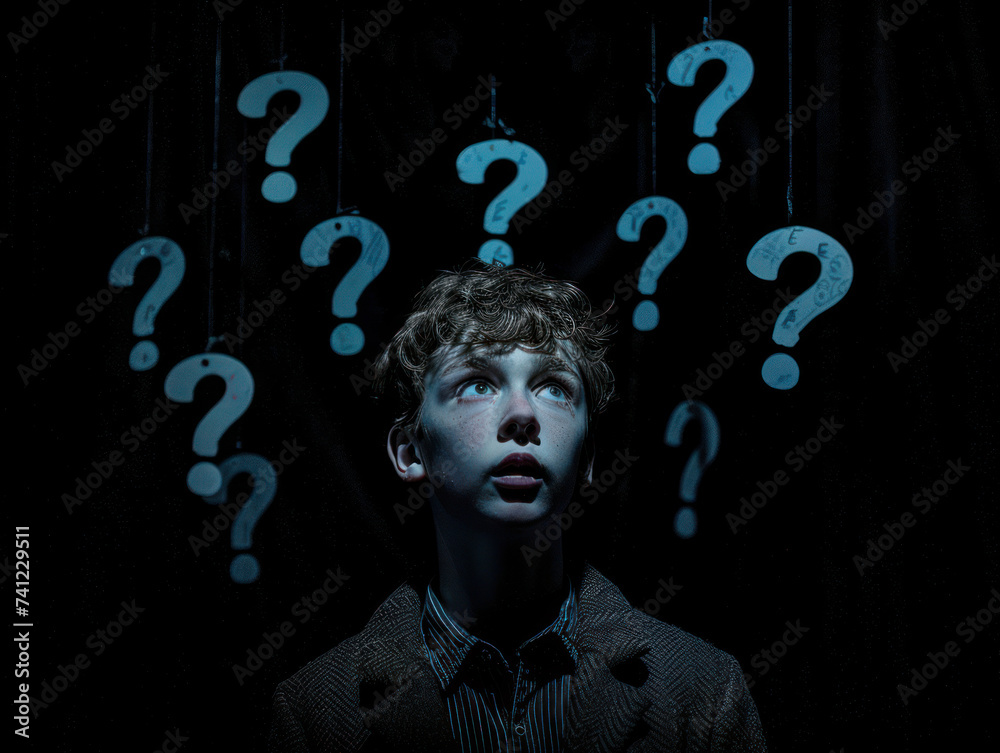 Discover the unknown black background with luminous question marks ...
