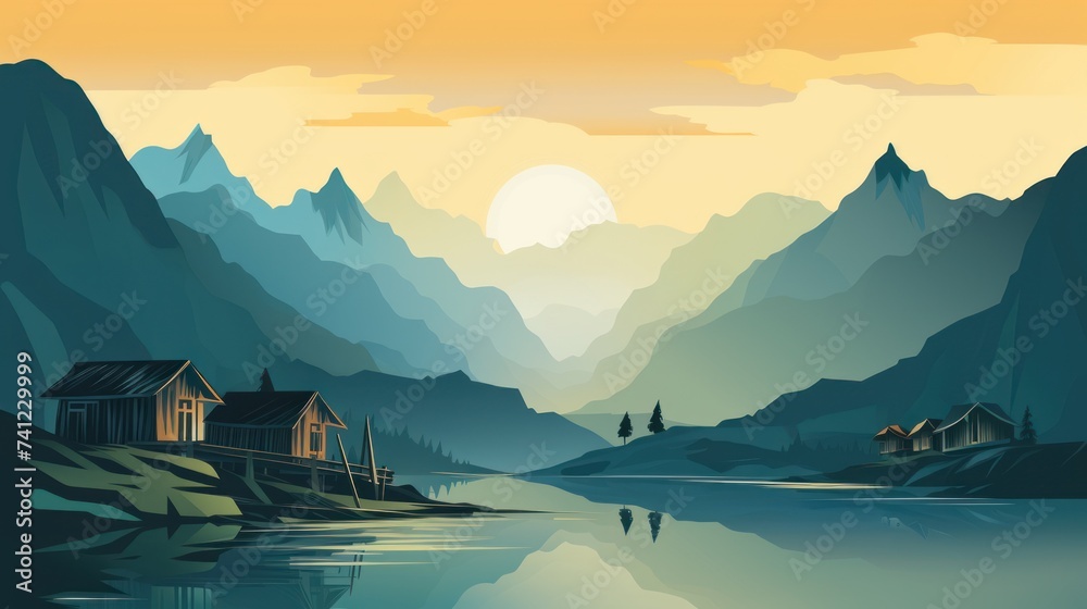 Riverfront village: a detailed drawing portraying a scenic river ...