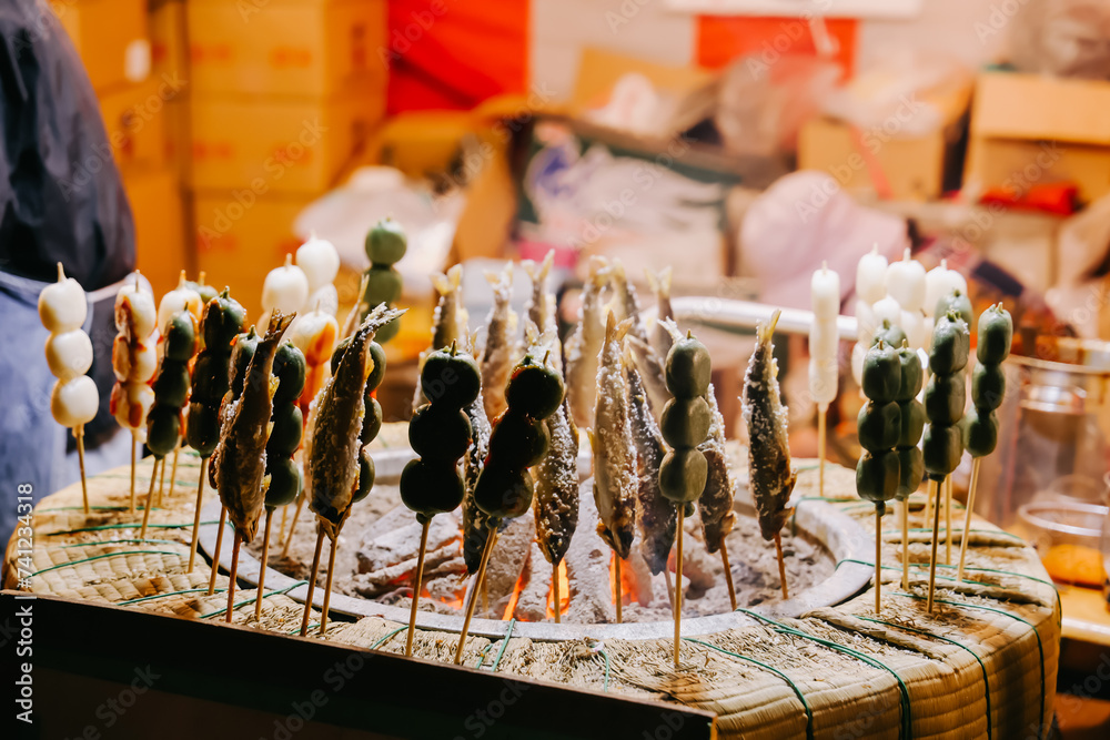 Dango and grilled fish at Japanese street food stalls at Sendai west ...