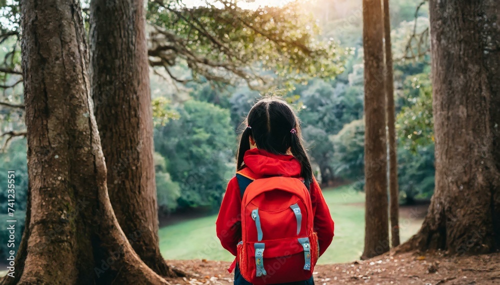 Little girl with red clothing and red backpack wandering in the woods ...