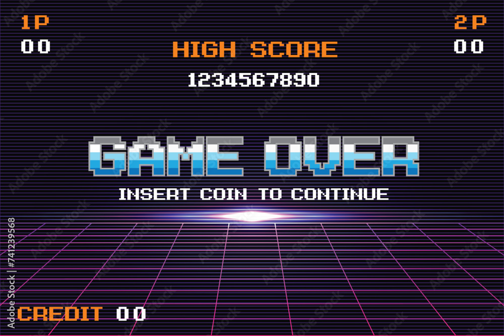 GAME OVER INSERT A COIN TO CONTINUE .Synth wave wireframe net ...