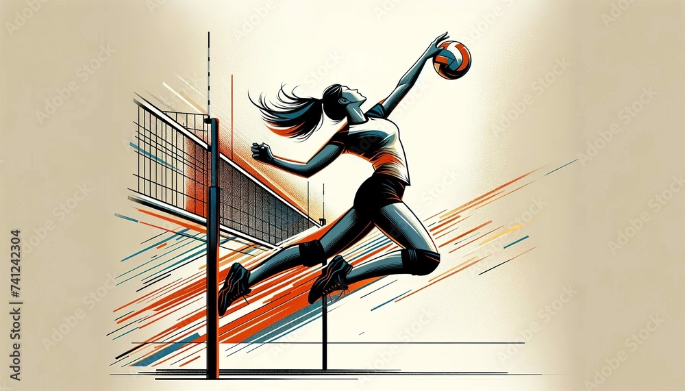 An action-packed illustration of a female volleyball player spiking the ...