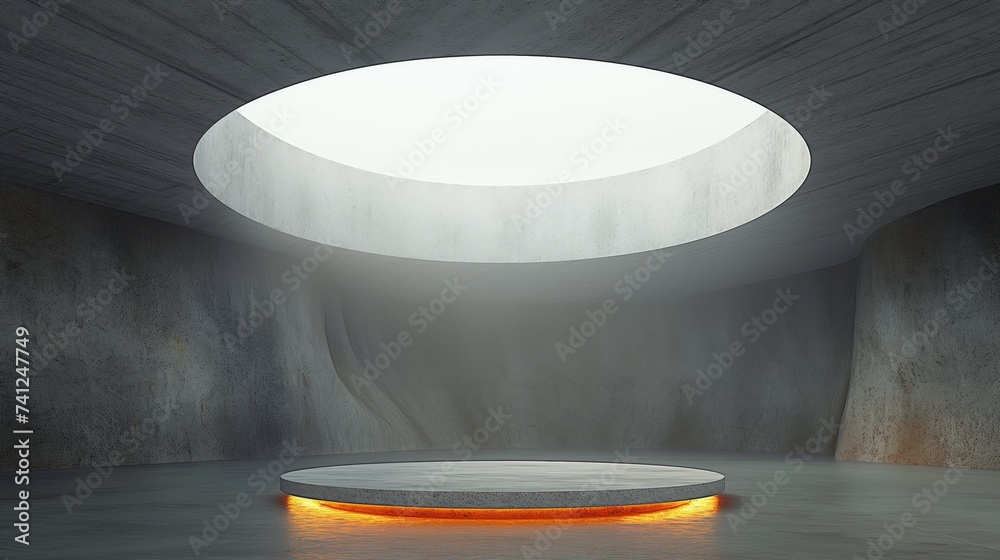 3D illustration of a circular concrete void indoors with pedestal for ...