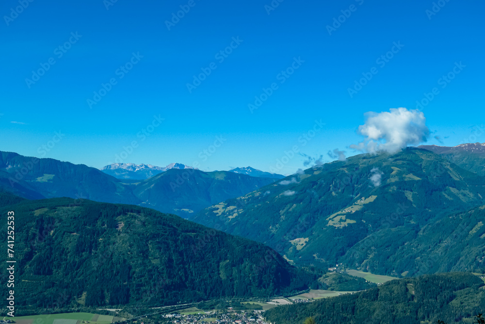 Panoramic view of majestic mountain peaks of Karawanks and Julian Alps ...