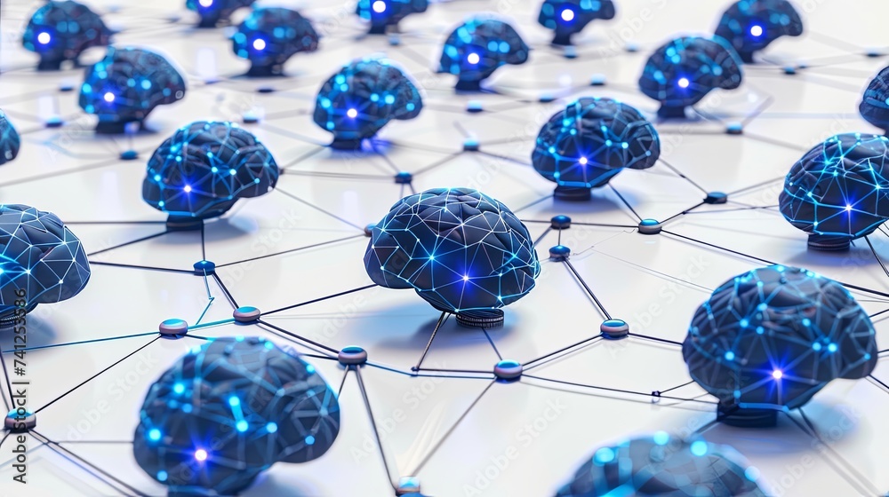 A multitude of human brains linked together by a glowing grid. The ...