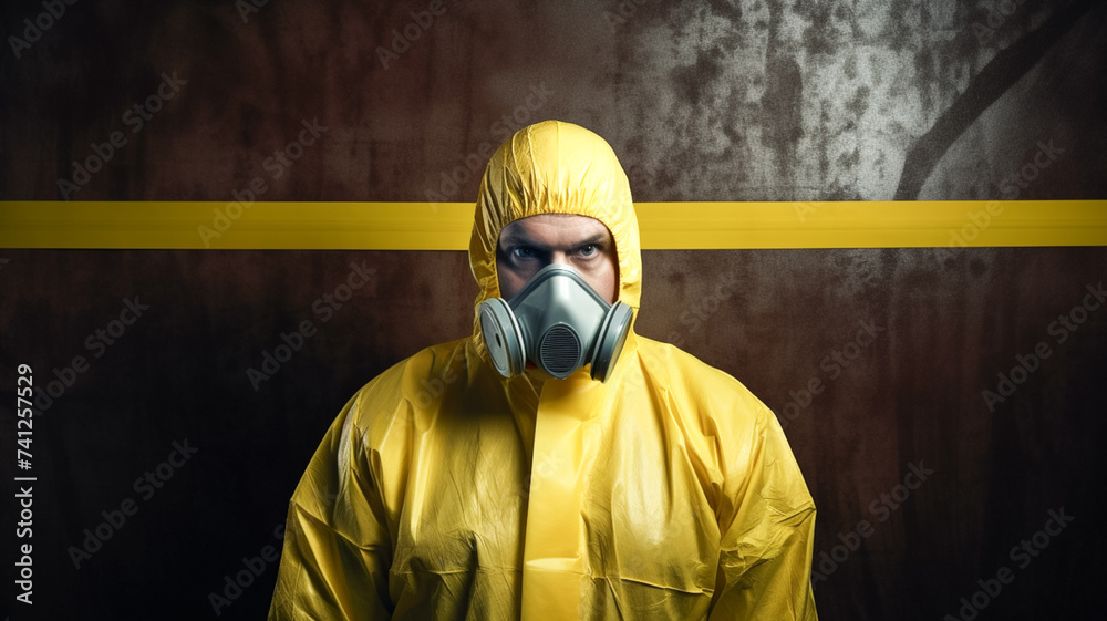 Man wearing chemical protective suit on black background. Image show ...