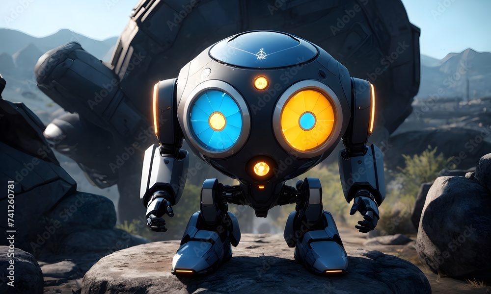 A fictional character, a yellow robot, stands on a rock in a dark ...