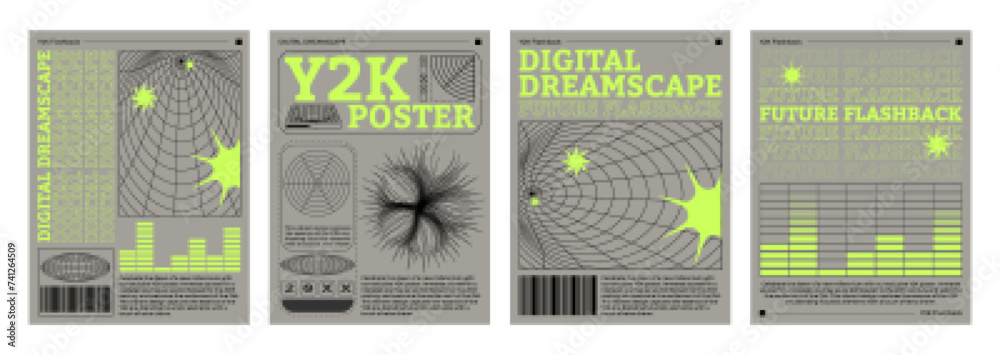 Set of retro futuristic vibe flyers. Vector realistic illustration of ...