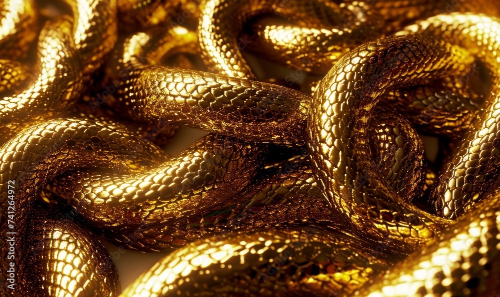 3d abstract background with tangled golden metallic snakes moving ...