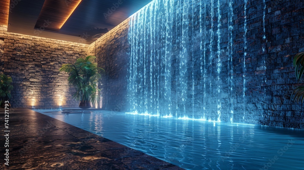 A modern 3D rendered wall of cascading water with embedded neon lights ...