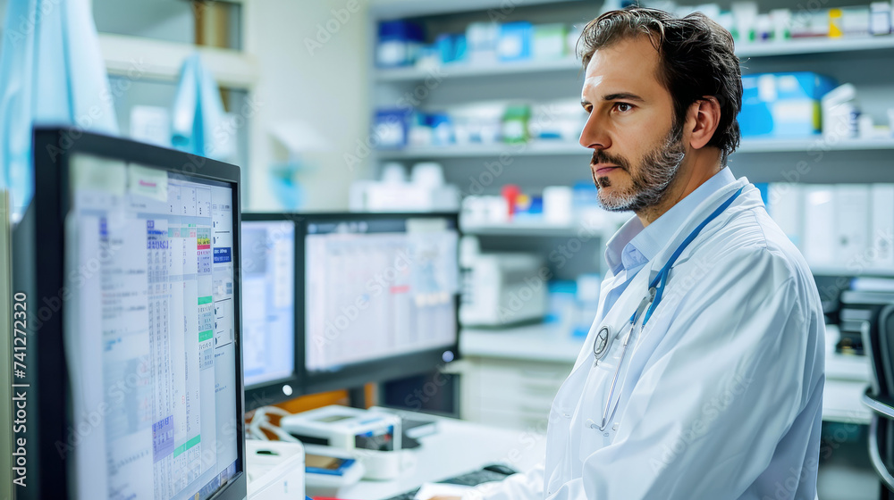 A doctor stands upright in front of a computer monitor screen seriously ...