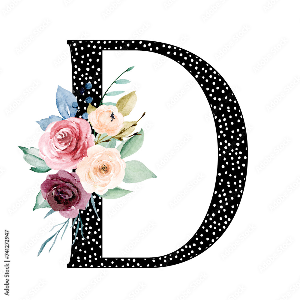 Floral monogram D, letter with watercolor flowers and leaves. Alphabet ...