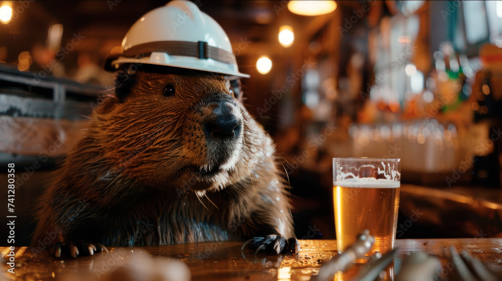 A cheerful beaver in a white helmet drinks beer and rests in a cafe ...