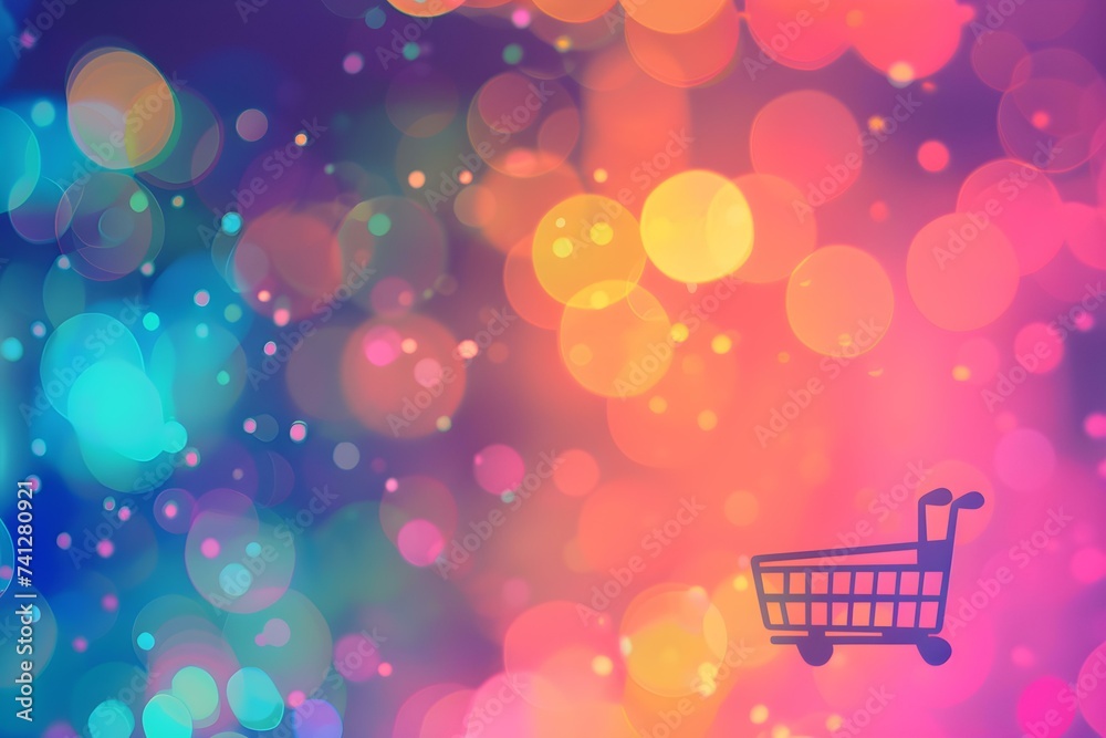 A colorful bokeh background with shopping cart icons and retail tech ...