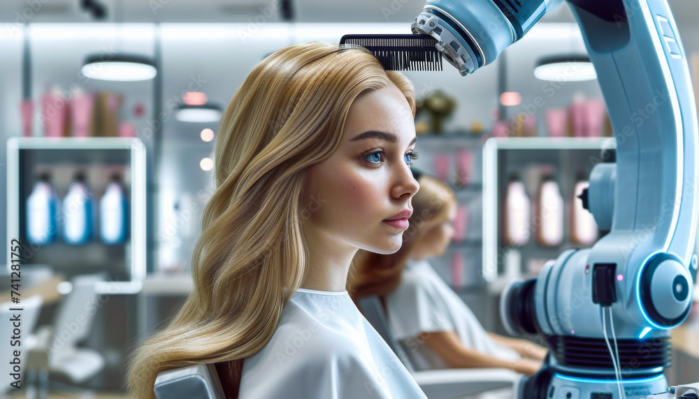 Robotic Hair Styling in Modern Salon.Robotic arm equipped with a ...
