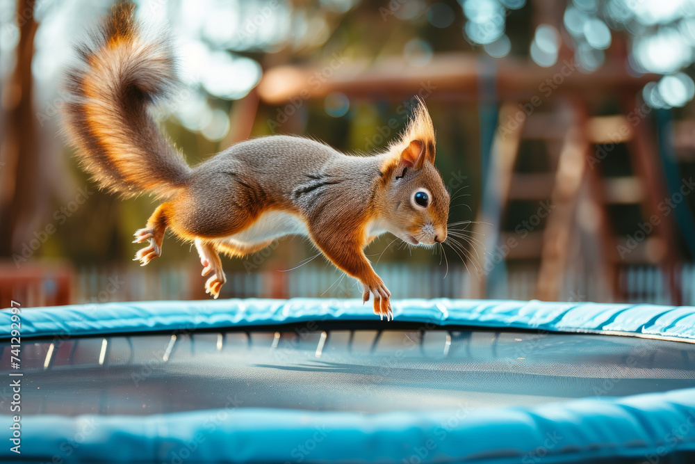 Squirrel in the park. Funny animal jumping on a trampoline. Clear ...