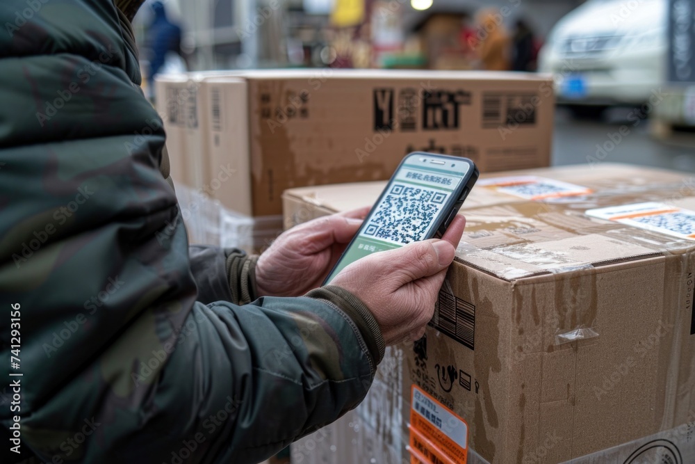 A person is using a smartphone to scan the QR code on a parcel in a ...