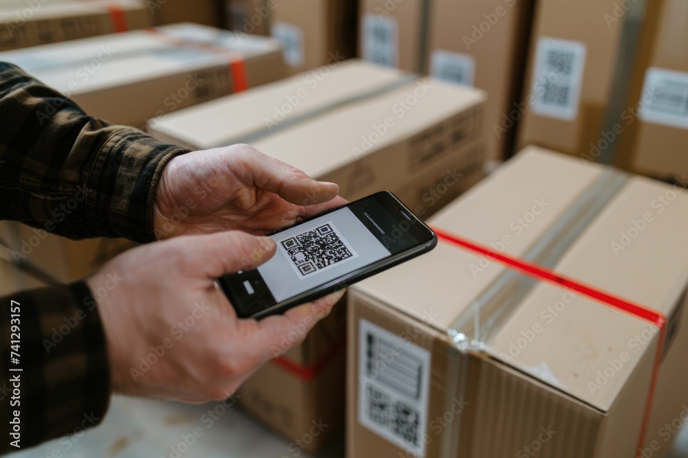 A person is using a smartphone to scan the QR code on a parcel in a ...